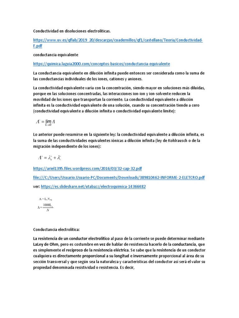 Conductividad en Disoluciones Electrolíticas | PDF | Electrólito | Resistencia Eléctrica y ...