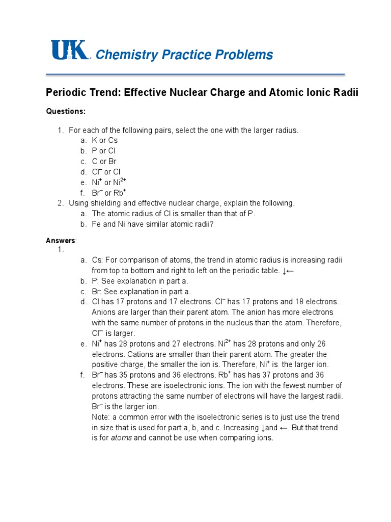 Chemistry Practice Problems: Periodic Trend: Effective Nuclear Charge ...