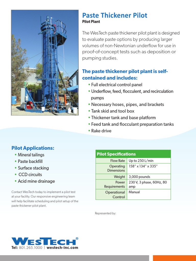 The Paste Thickener Pilot Plant Is Self-Contained and Includes | PDF ...