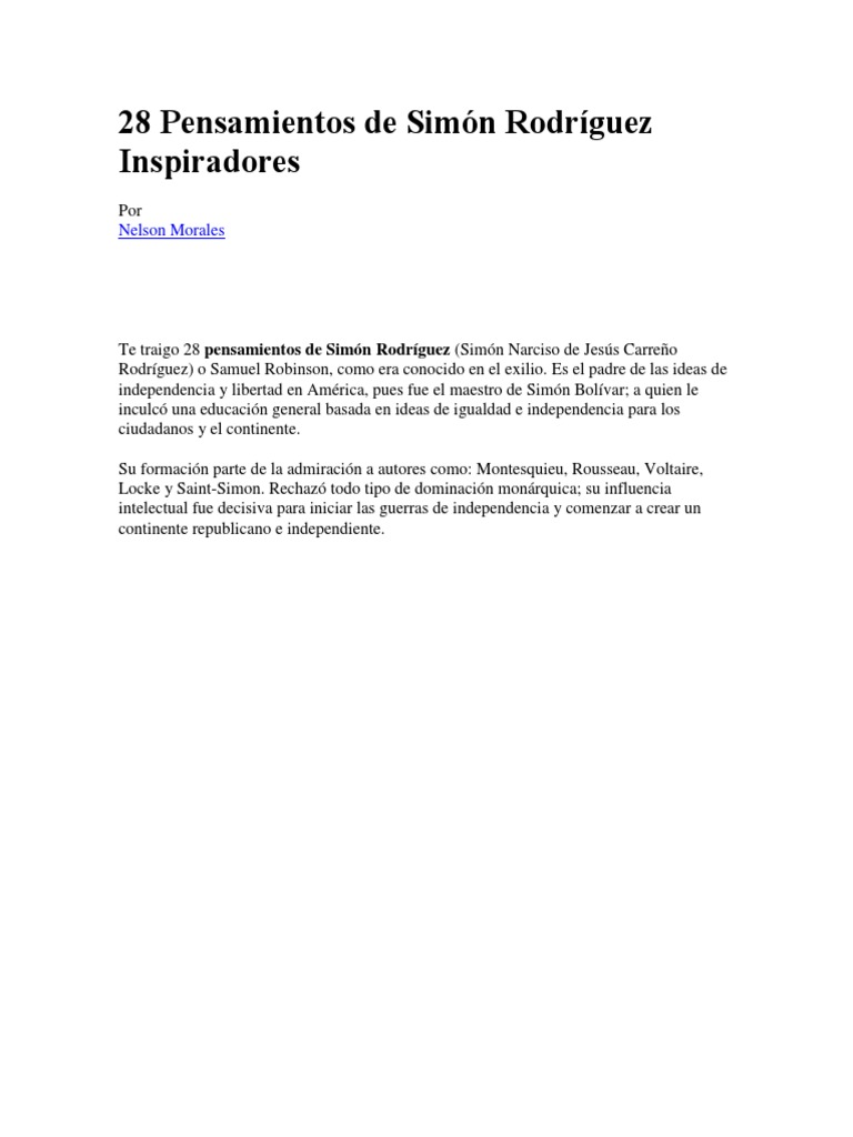 28 Pensamientos de Simón Rodríguez Inspiradores | PDF | Educación avanzada