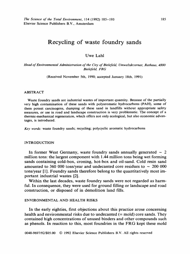 Recycling of Waste Foundry Sands: The Science of The Total Environment ...
