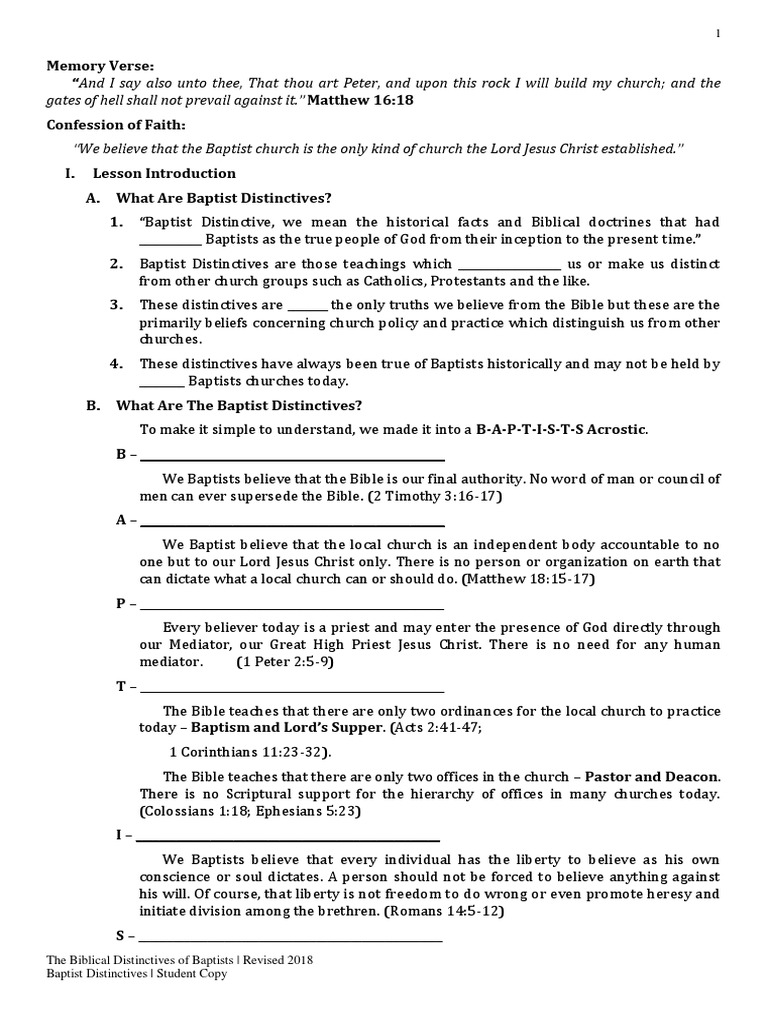 Baptist Distinctives Explained | PDF | Baptism | Christian Denomination