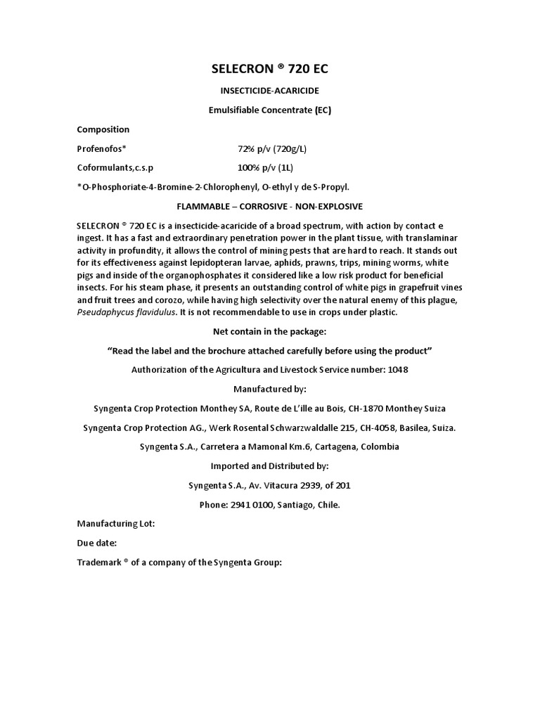 Selecron ® 720 Ec: Insecticide-Acaricide Emulsifiable Concentrate (EC ...