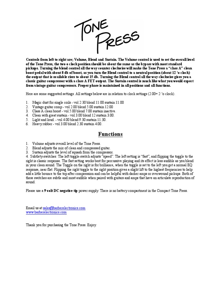 Tone Press Compressor Settings Guide | PDF