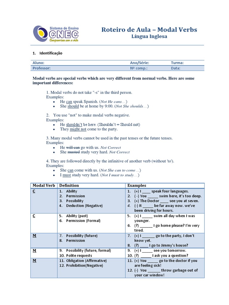 Roteiro de Aula - Modal Verbs: Língua Inglesa | PDF | Verb | Language Mechanics