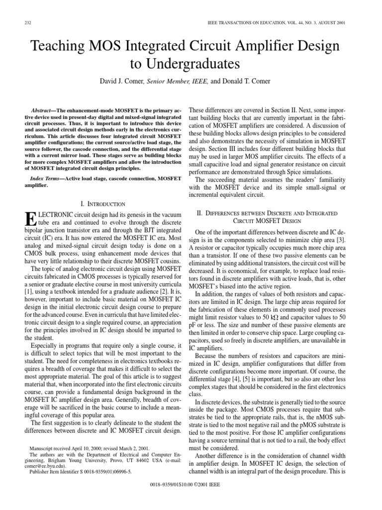 Ieee Teaching Mos Integrated Circuit Amplifier Design To Undergraduates ...