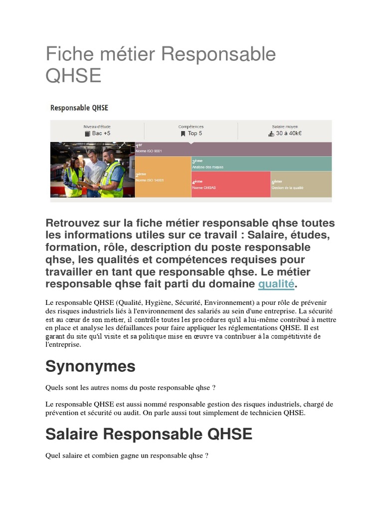 Métier Responsable QHSE | PDF | Sécurité | Ingénieur