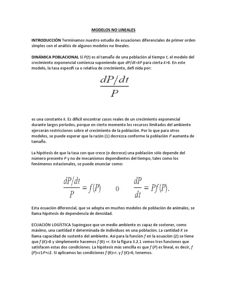 MODELOS NO LINEALES Ecuaciones Informe | PDF | Función logística ...