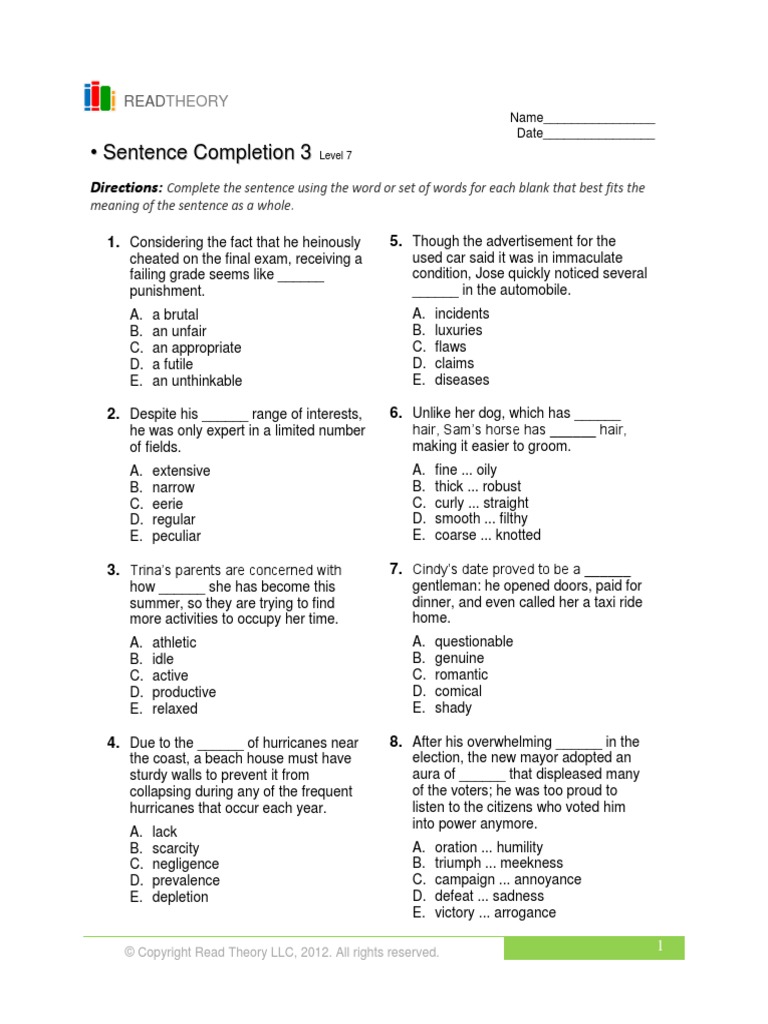 Level 7 Sentence Completion 3 PDF | PDF | Question