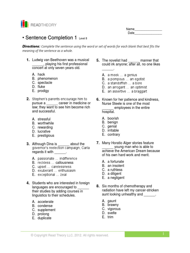 Level 8 Sentence Completion 1 PDF | PDF | Cognition | Psychological ...