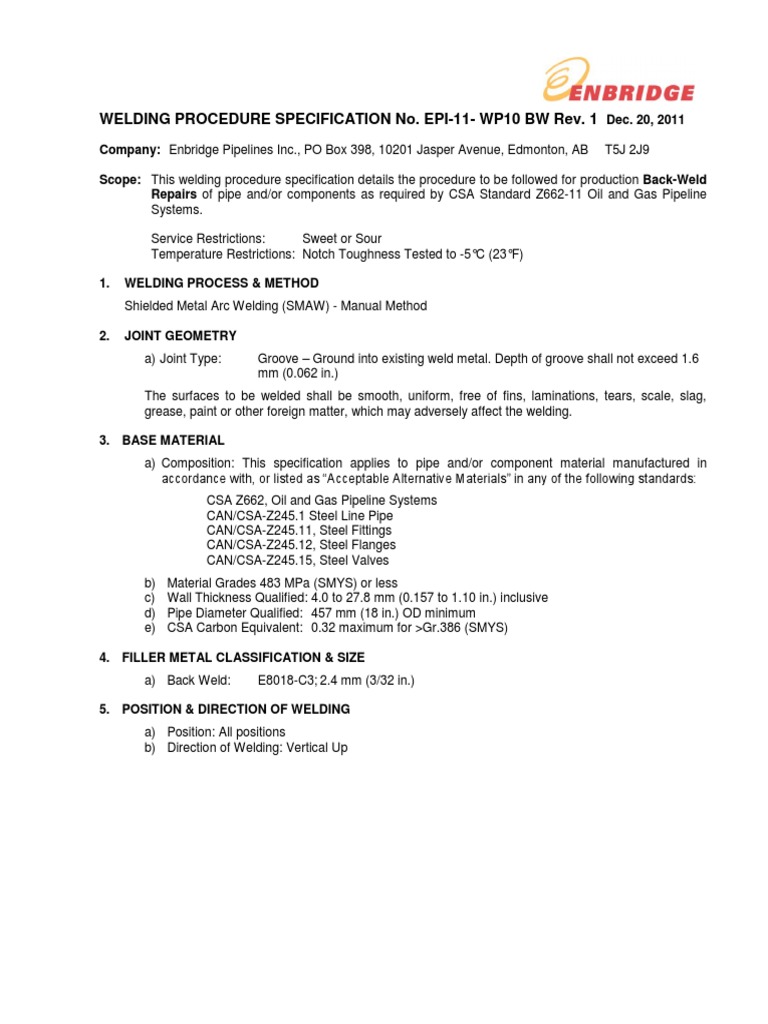 Welding Procedure Specification for Back-Weld Repairs of Pipe and ...