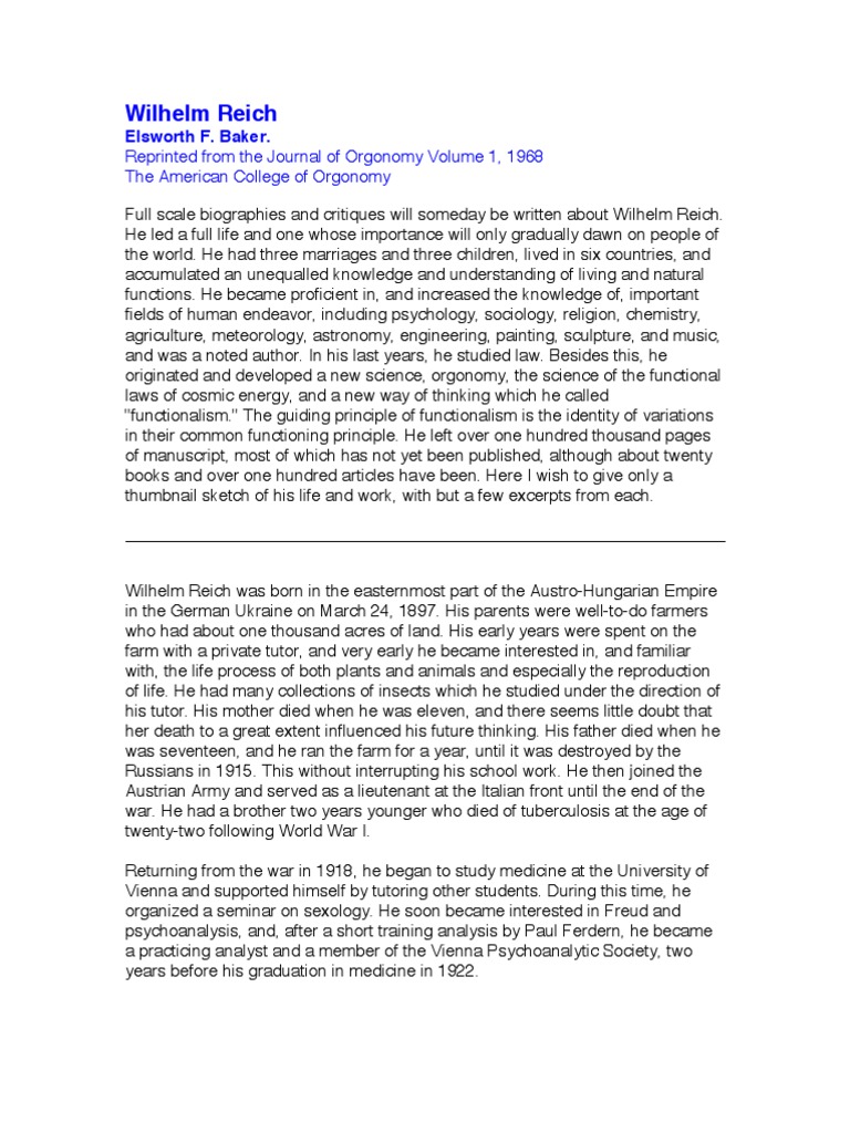 Reprinted From The Journal of Orgonomy Volume 1, 1968 | PDF | Wilhelm ...