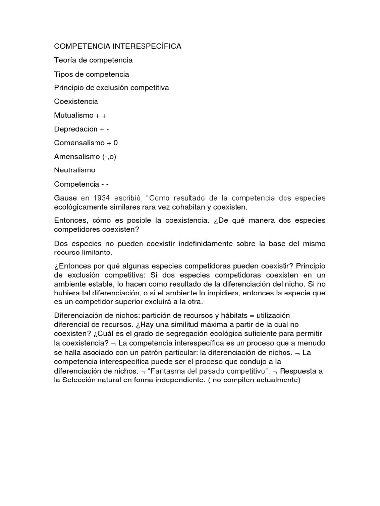 Competencia Interespecífica | PDF | Nicho ecológico | Ecología comunitaria