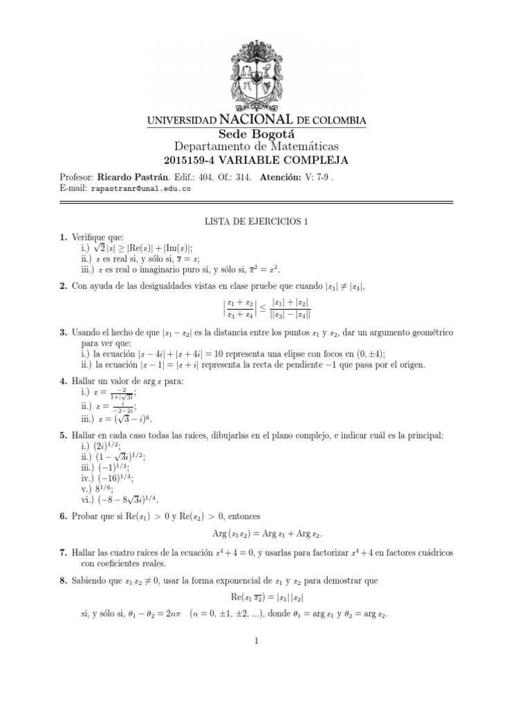 Lista de Ejercicios de Variable Compleja | PDF | Número complejo | Matemática Elemental