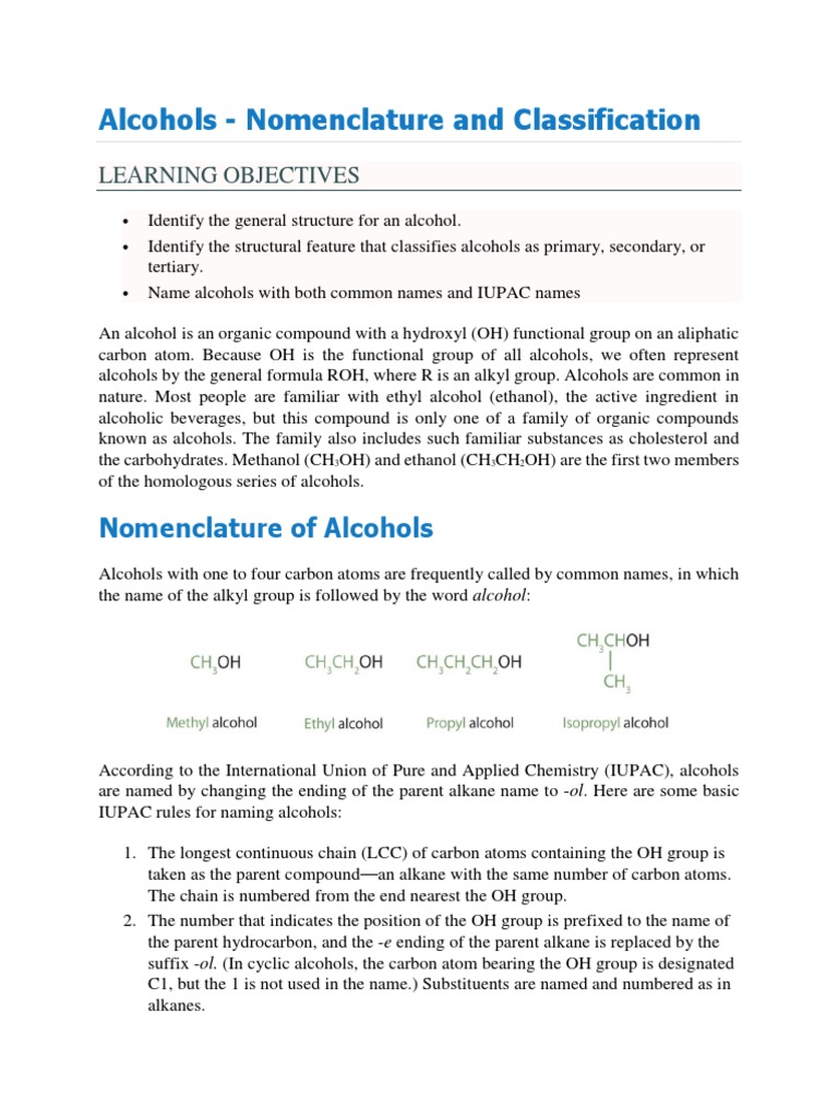 Alcohols - Nomenclature and Classification: Learning Objectives | PDF ...