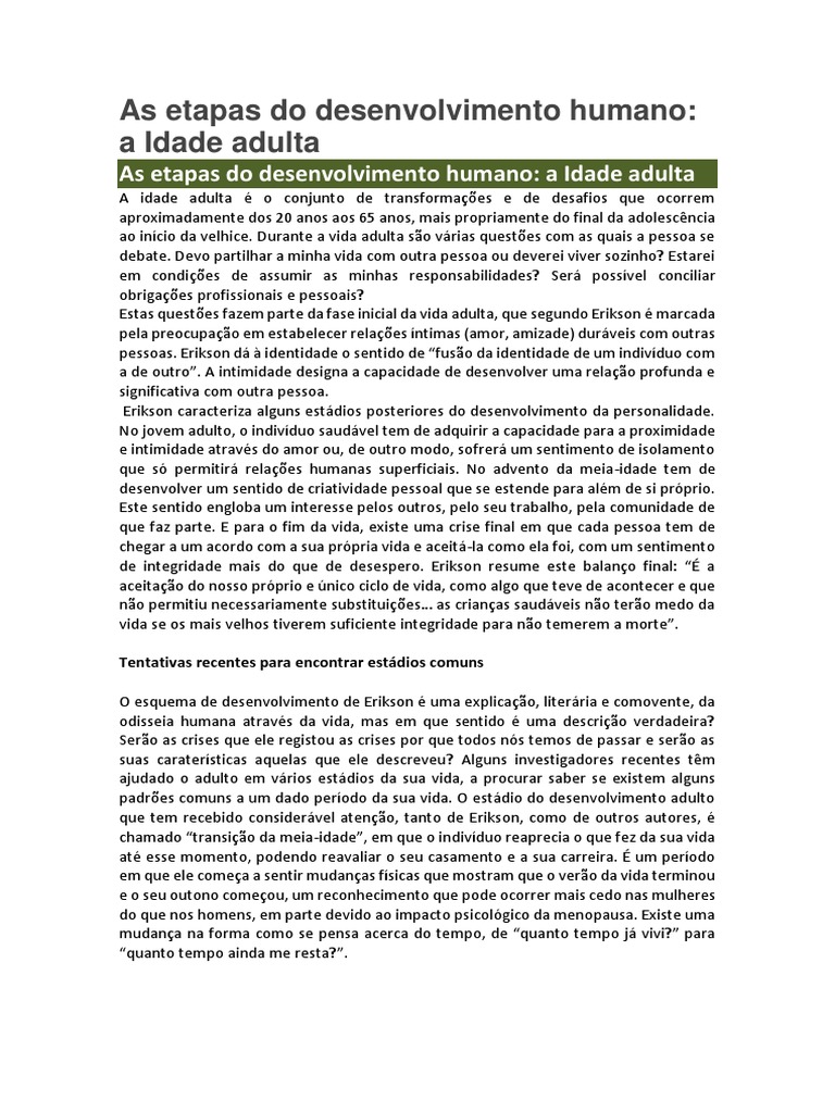 Fases do Desenvolvimento na Idade Adulta | PDF | Humano | Vida