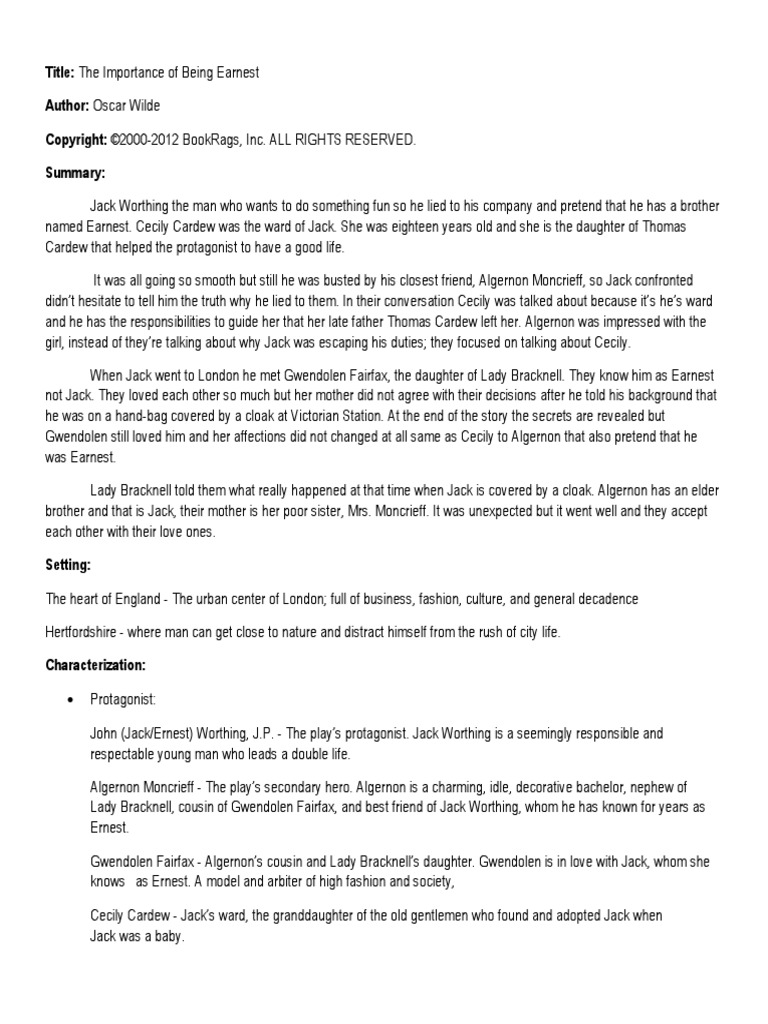 Title: The Importance of Being Earnest Author: Oscar Wilde Summary ...