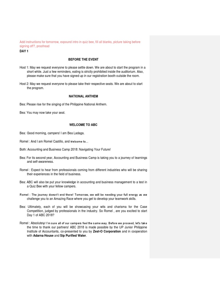 ABC 2018 Script For Hosts (Day 1) | PDF | Business