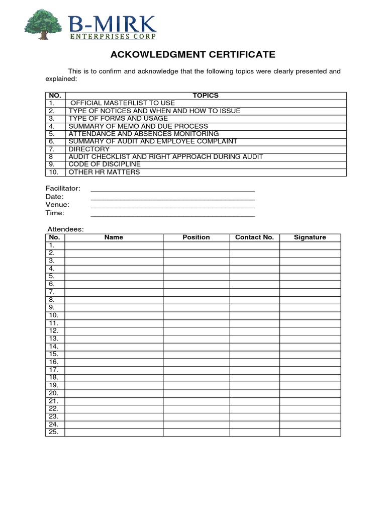 Acknowledgment Certificate | PDF