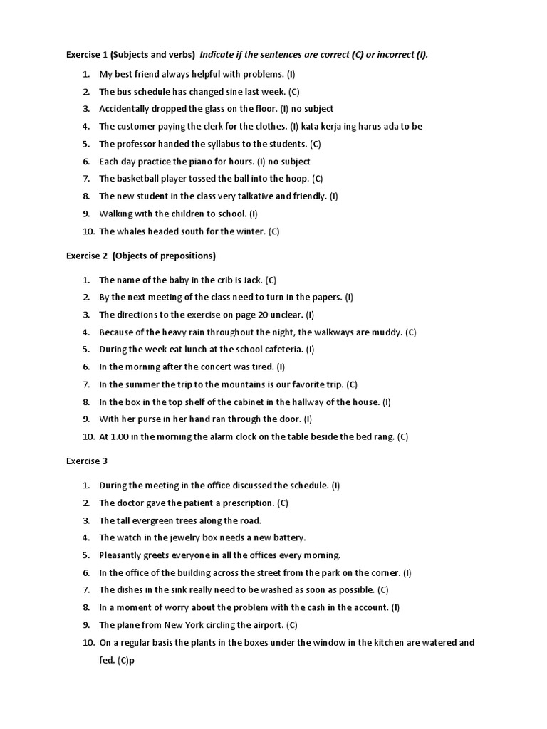Exercise 1 (Subjects and Verbs) Indicate If The Sentences Are Correct (C) or Incorrect (I) | PDF