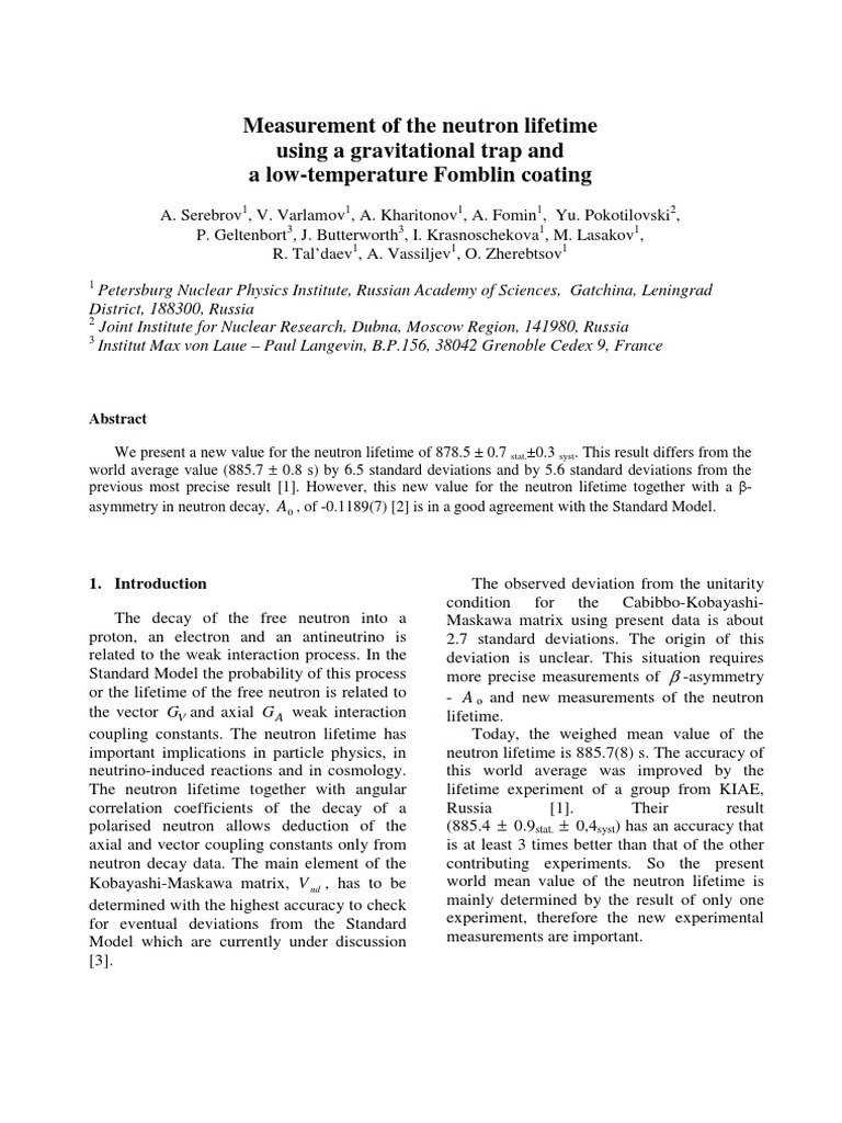 (1 Measurement of The Neutron Lifetime Using A Gravitational Trap (Serebrov) PDF | PDF | Neutron ...
