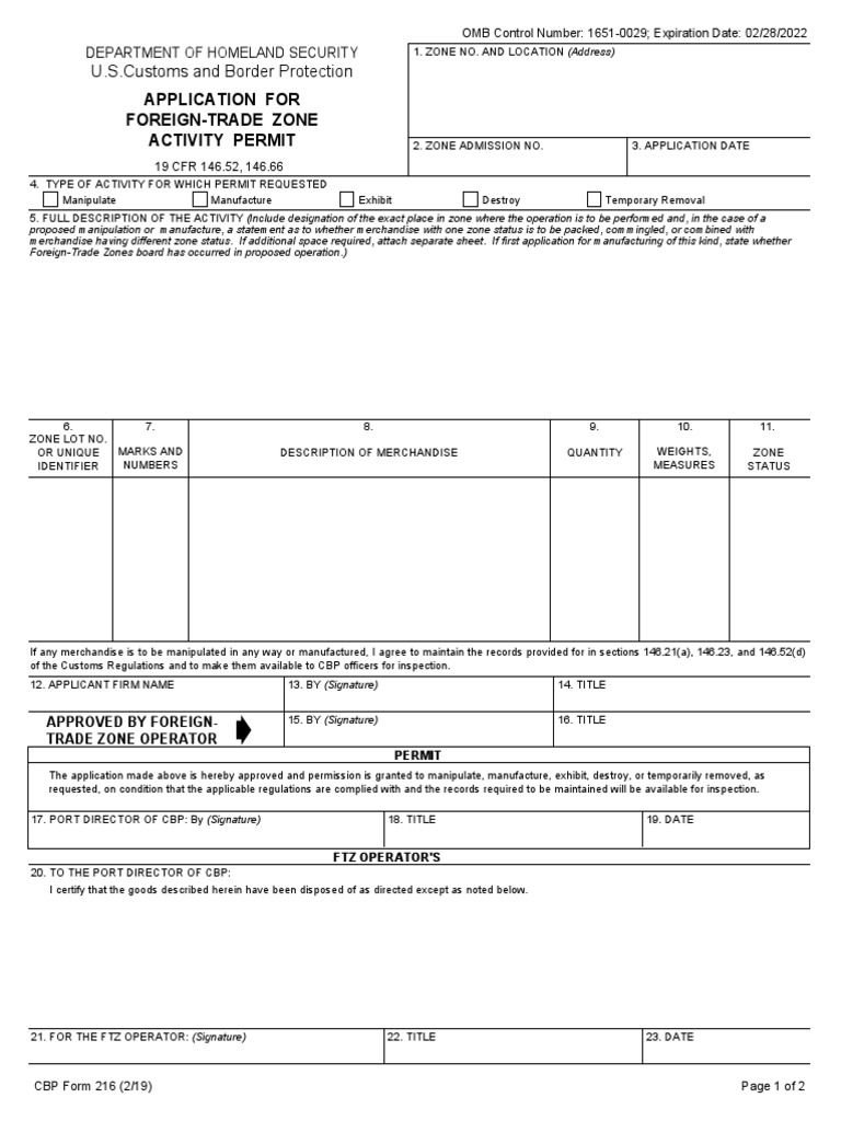 Application For Foreign-Trade Zone Activity Permit: U.S.Customs and ...