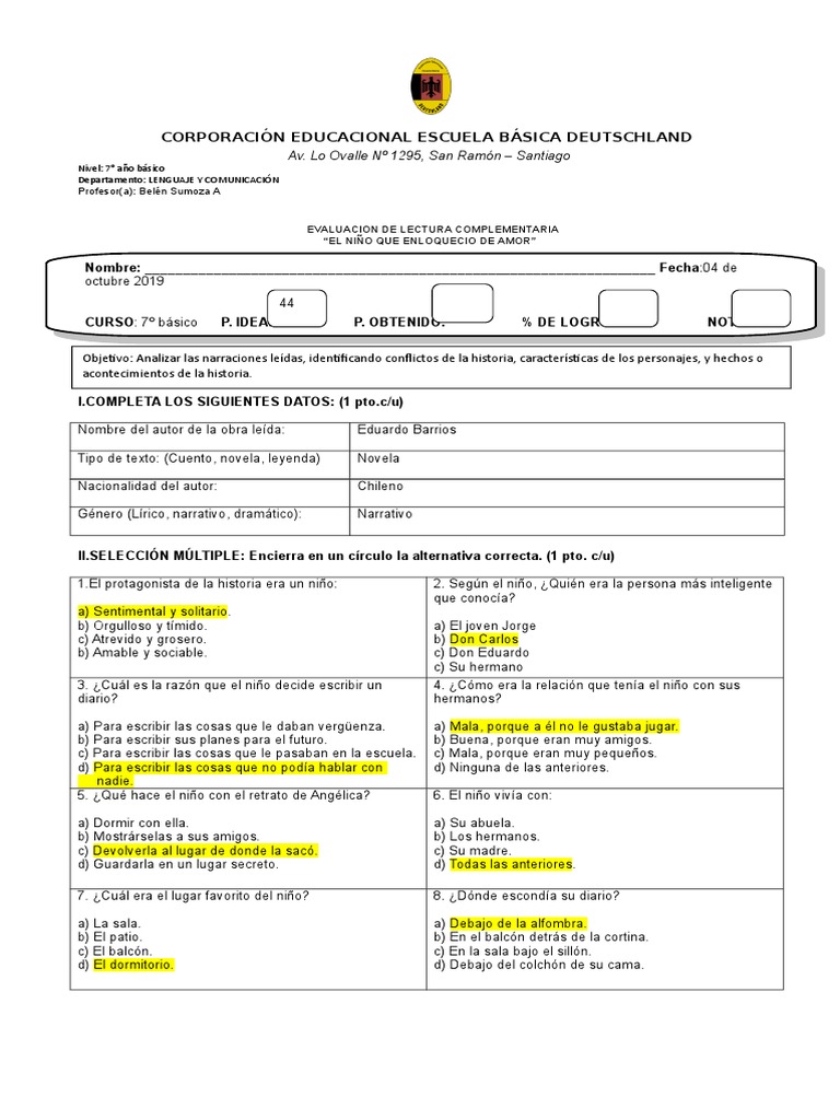 Evaluación Lectura Complementaria 7° Básico El Niño Que Enloquecio de ...