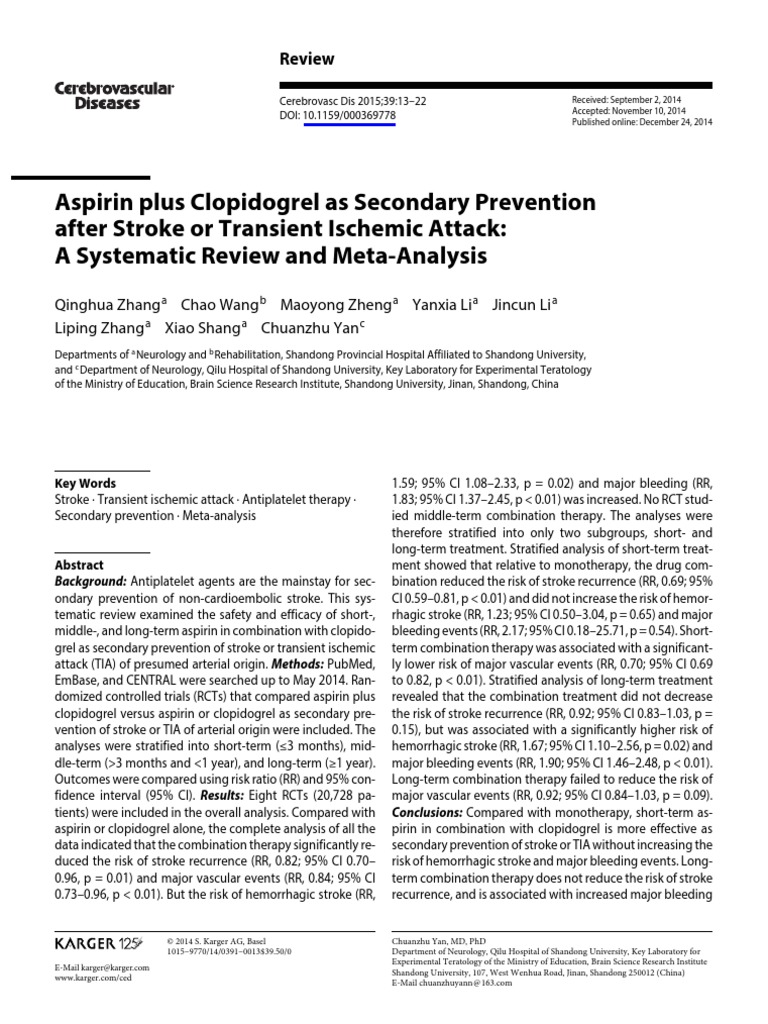 Aspirin Plus Clopidogrel As Secondary Prevention After Stroke or ...