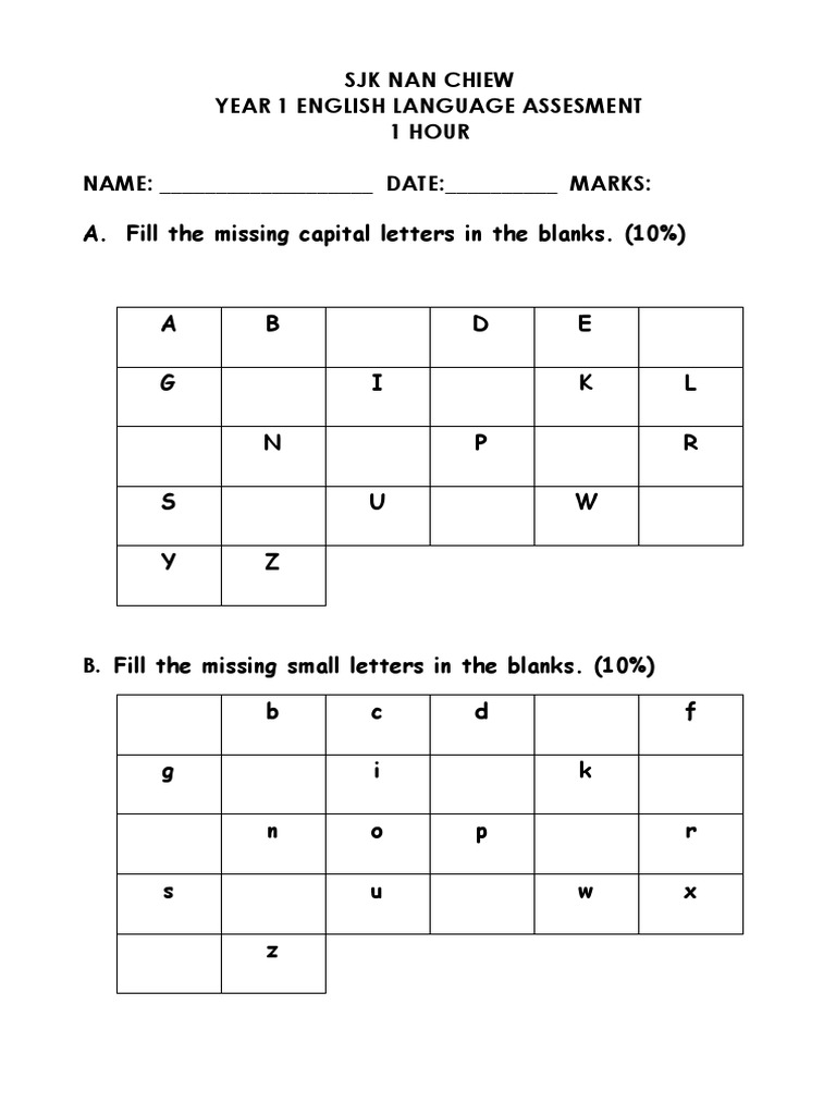 Year 1 English Assessment Paper | PDF