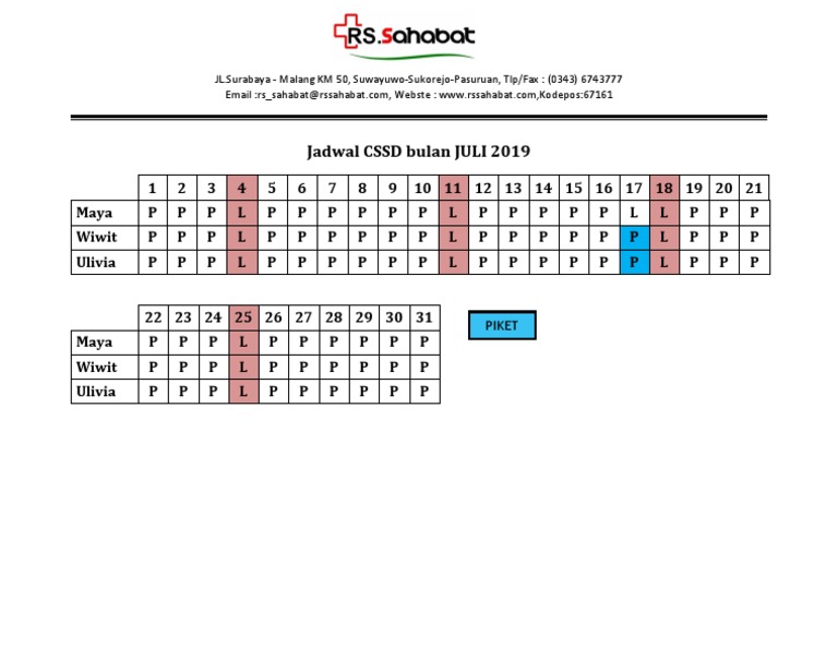 Jadwal CSSD Bulan JULI 2019 | PDF