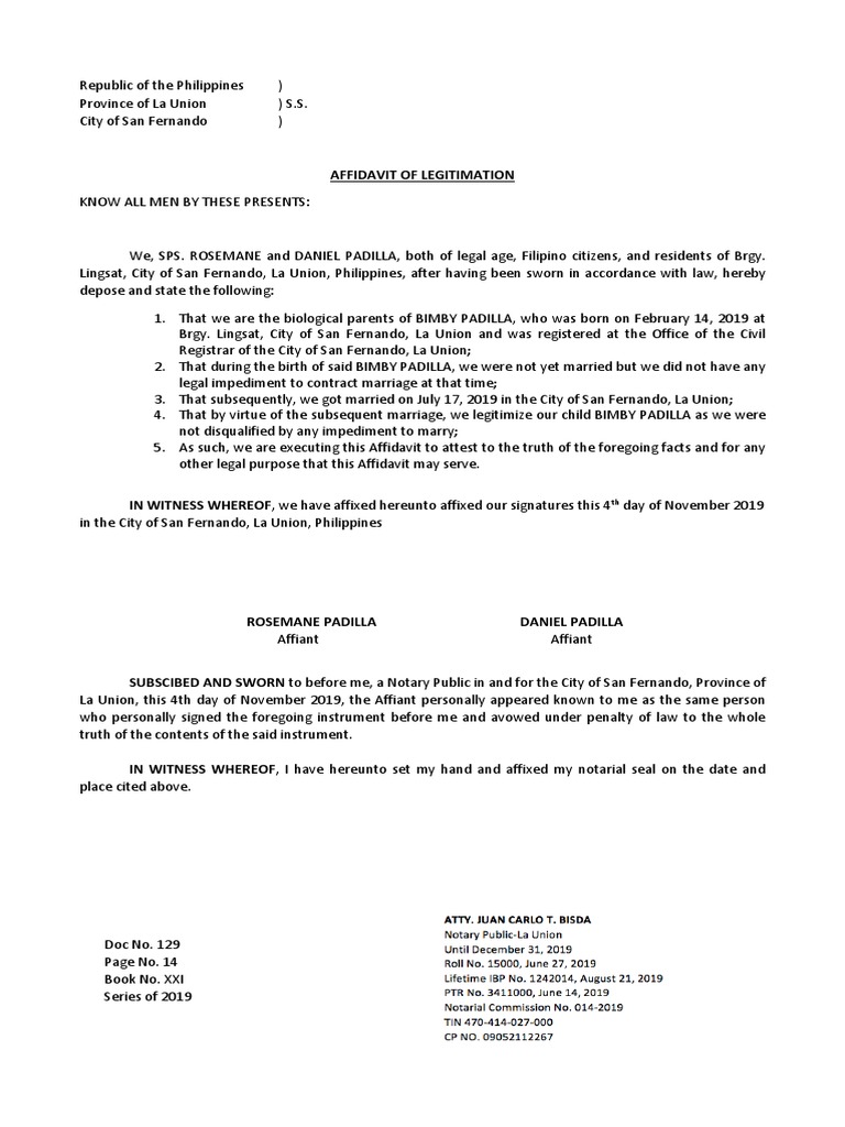 Affidavit of Legitimation Sample | PDF | Affidavit | Legal Procedure