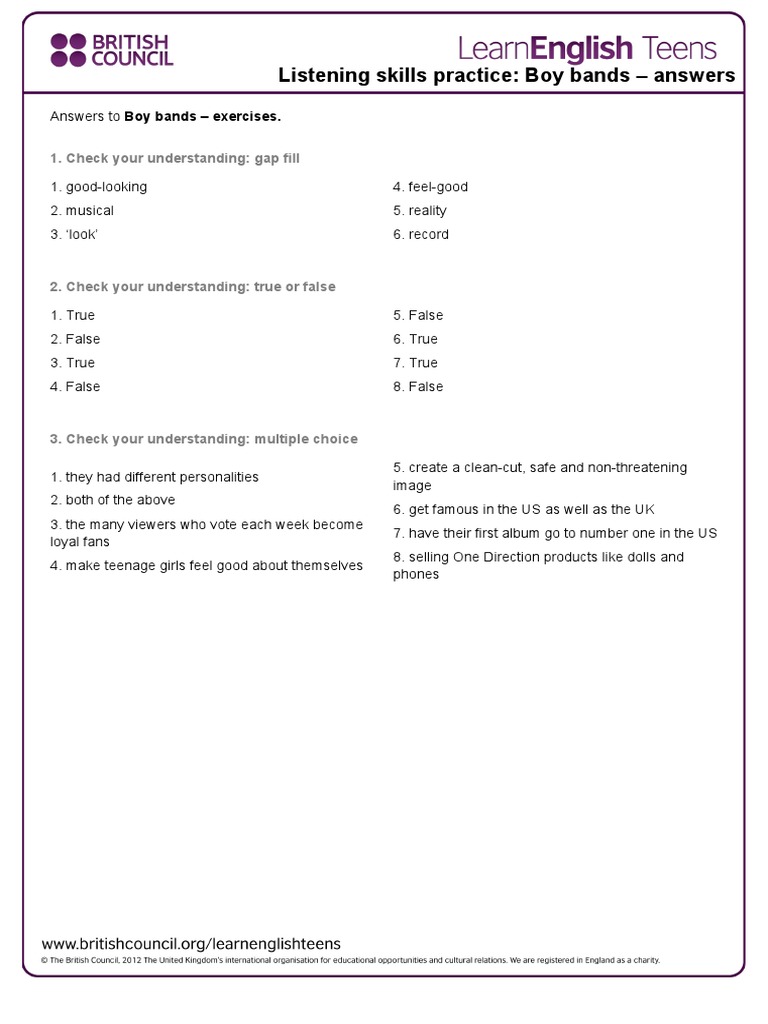 Listening Skills Practice: Boy Bands - Answers: 1. Check Your ...