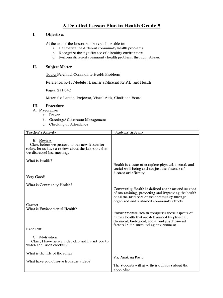 Grade 9 Community Health Lesson Plan | PDF | Public Health | Sanitation