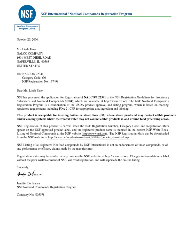 NSF Registration of NALCO® 22341 | PDF
