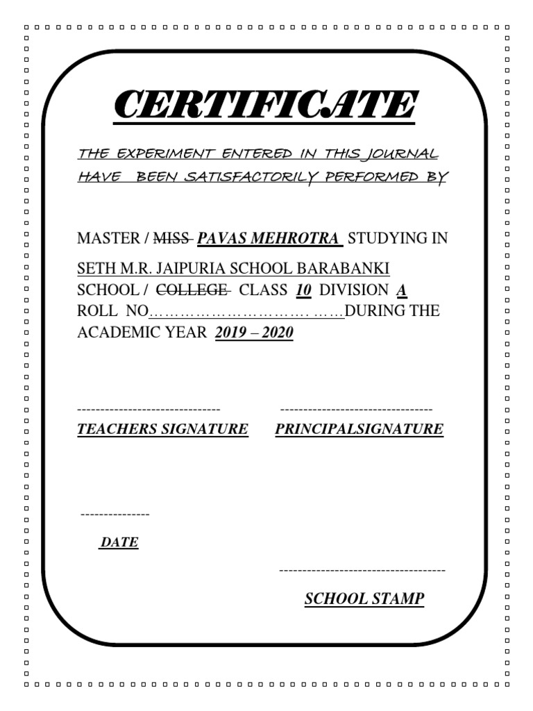 Certificate: The Experiment Entered in This Journal Have Been ...