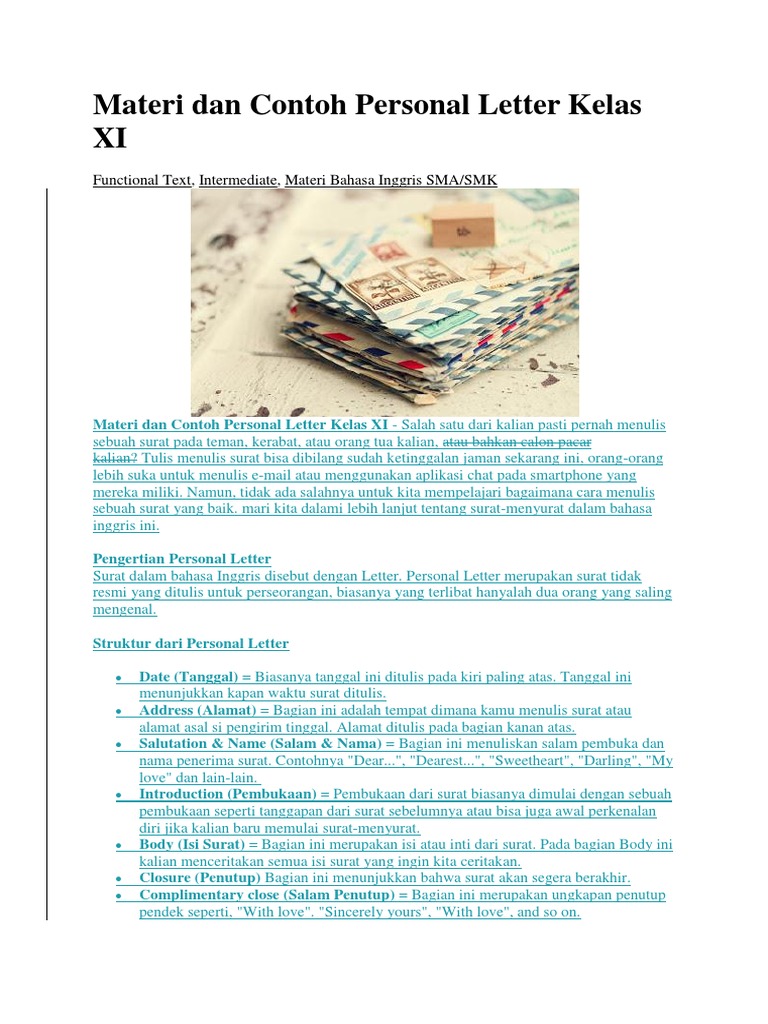 Materi Dan Contoh Personal Letter Kelas XI | PDF | Seni & Disiplin Bahasa