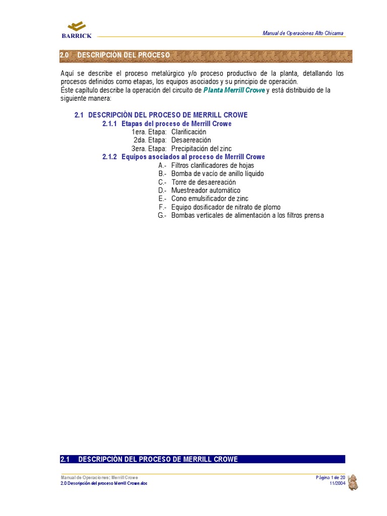 2.0 Descripción Del Proceso Merrill Crowe | PDF | Vacío | Bomba