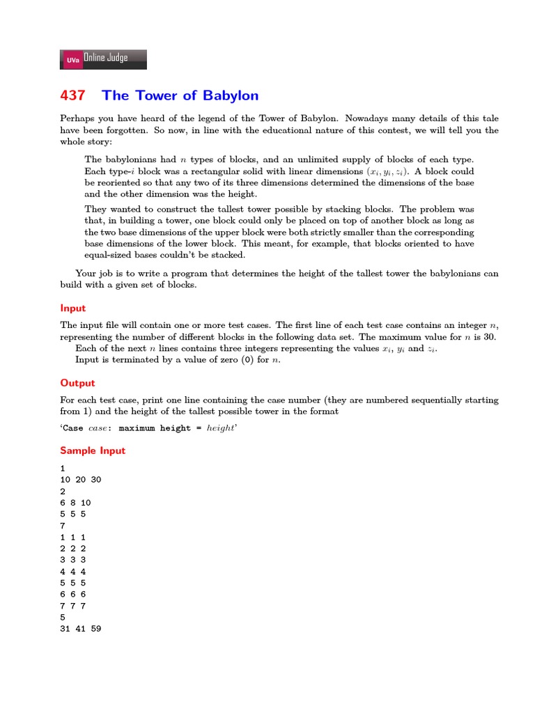 The Tower of Babylon: Input | PDF | Theoretical Computer Science ...