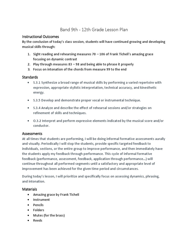 Band 9th - 12th Grade Lesson Plan: Instructional Outcomes | Download ...