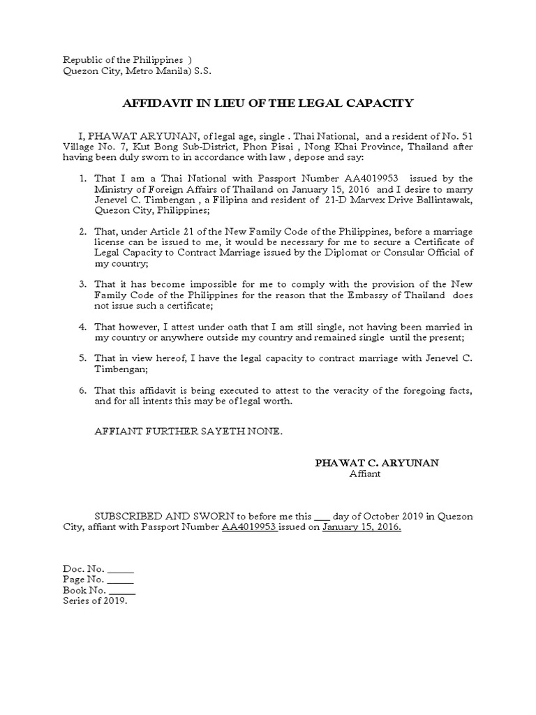 Affidavit in Lieu of Legal Capacity 2 | PDF