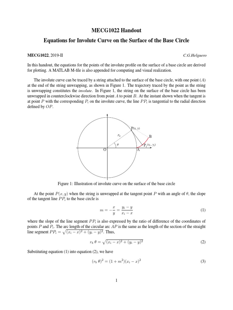 MECG1022 Handout Equations For Involute Curve On The Surface of The ...