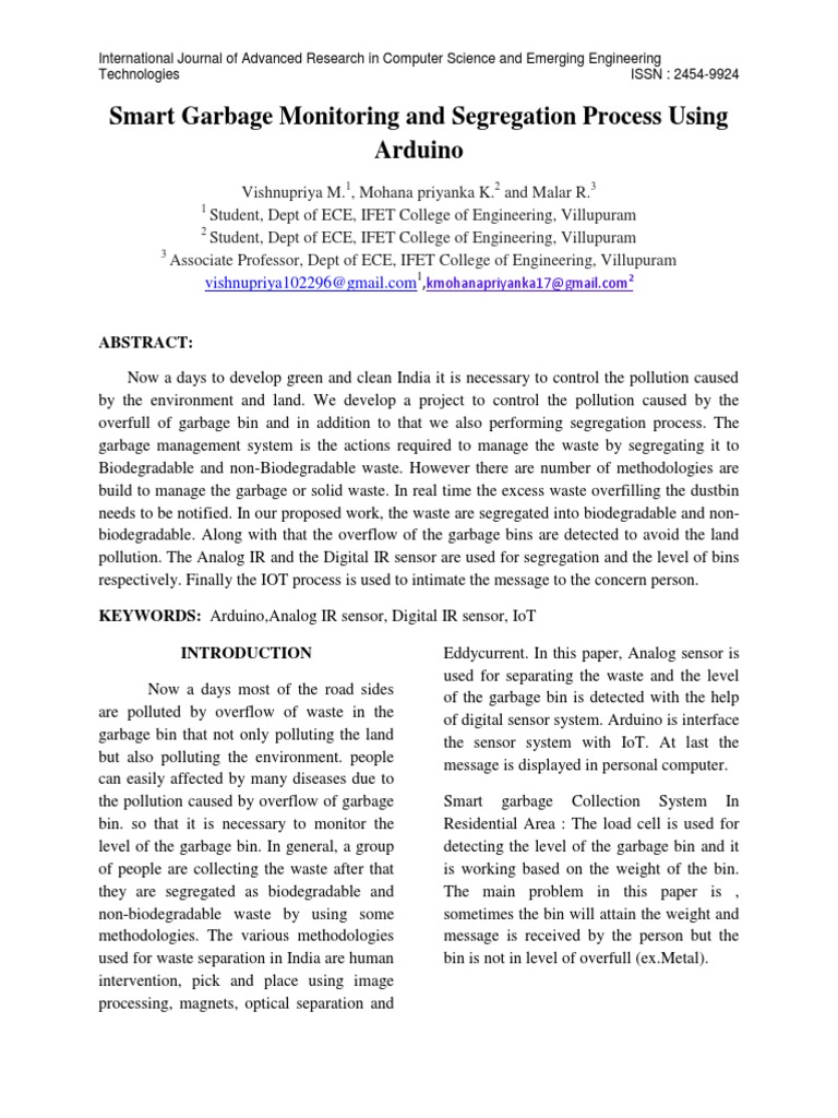 Smart Garbage Monitoring and Segregation Process Using Arduino | PDF ...