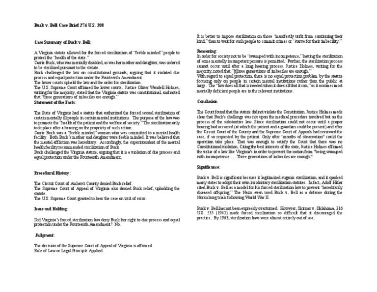 Buck v. Bell Case Brief 274 U.S. 200 | PDF | Supreme Court Case Law ...