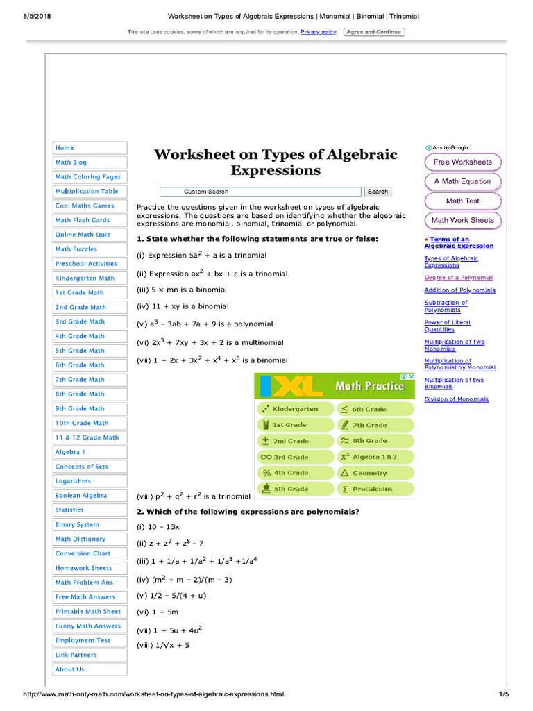 Worksheet On Types of Algebraic Expressions - Monomial - Binomial ...