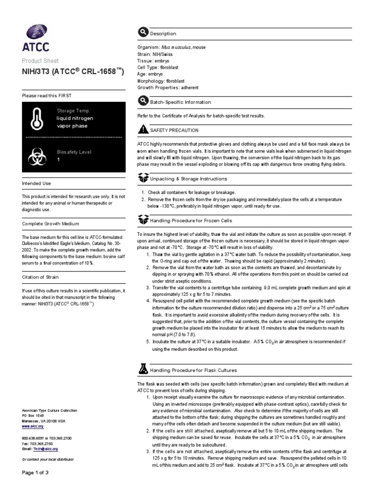 Nih/3T3 (Atcc CRL 1658) : Product Sheet | PDF | Atcc (Company) | Cell Culture
