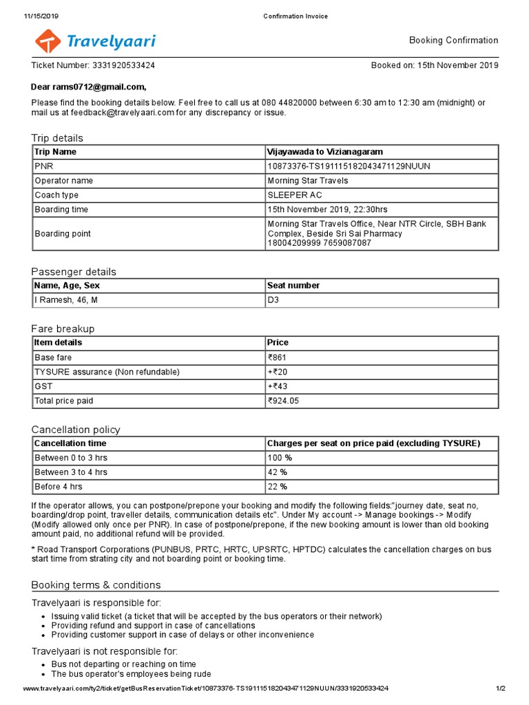 Confirmation of Vijayawada to Vizianagaram Bus Ticket | PDF | Bus ...