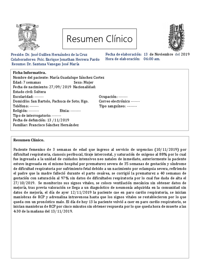 Resumen Clínico de Paciente Neonatal | PDF