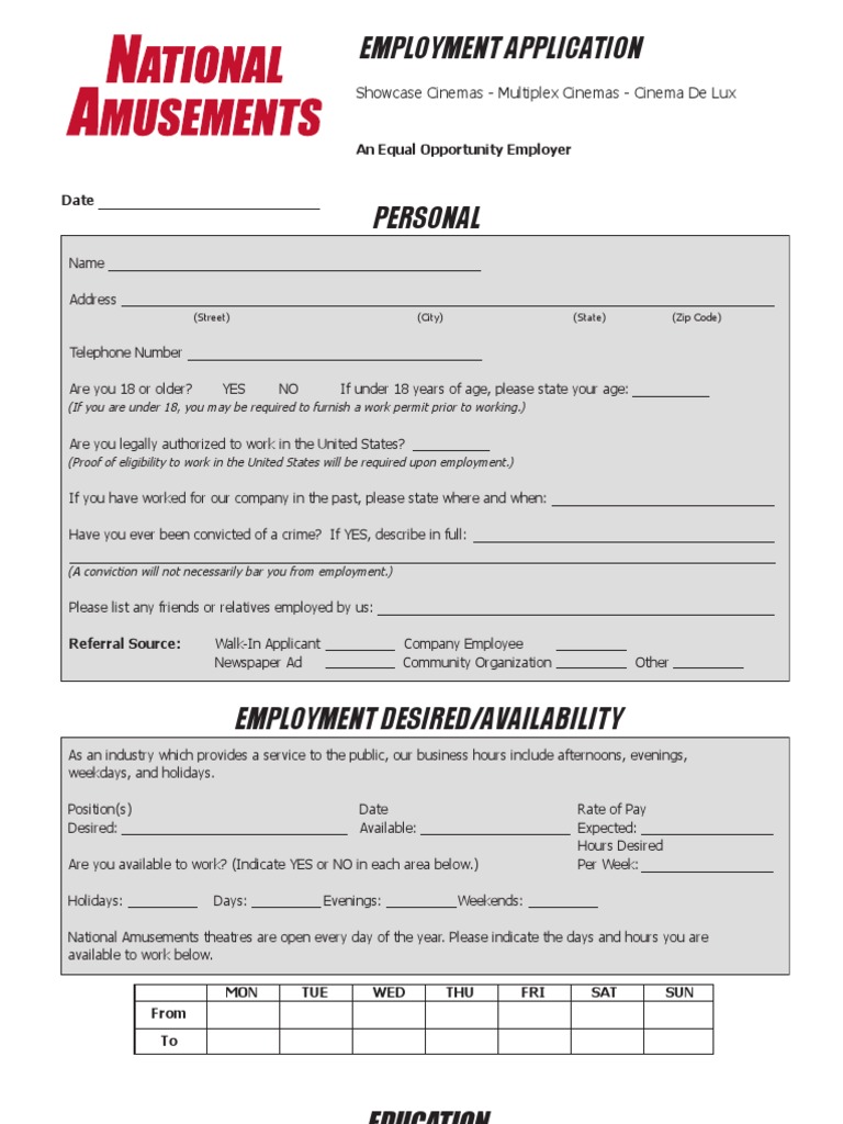Showcase Cinemas Job Application Form | PDF