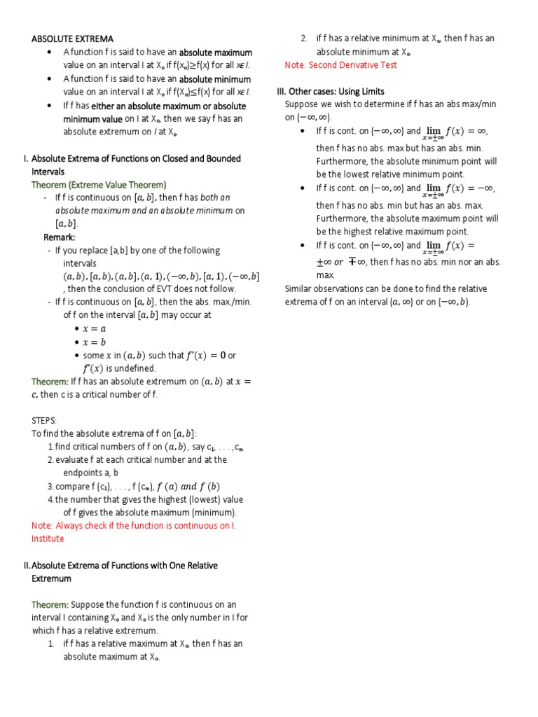Absolute Maximum And An Absolute Minimum On Theorem Extreme Value Theorem Pdf Maxima And