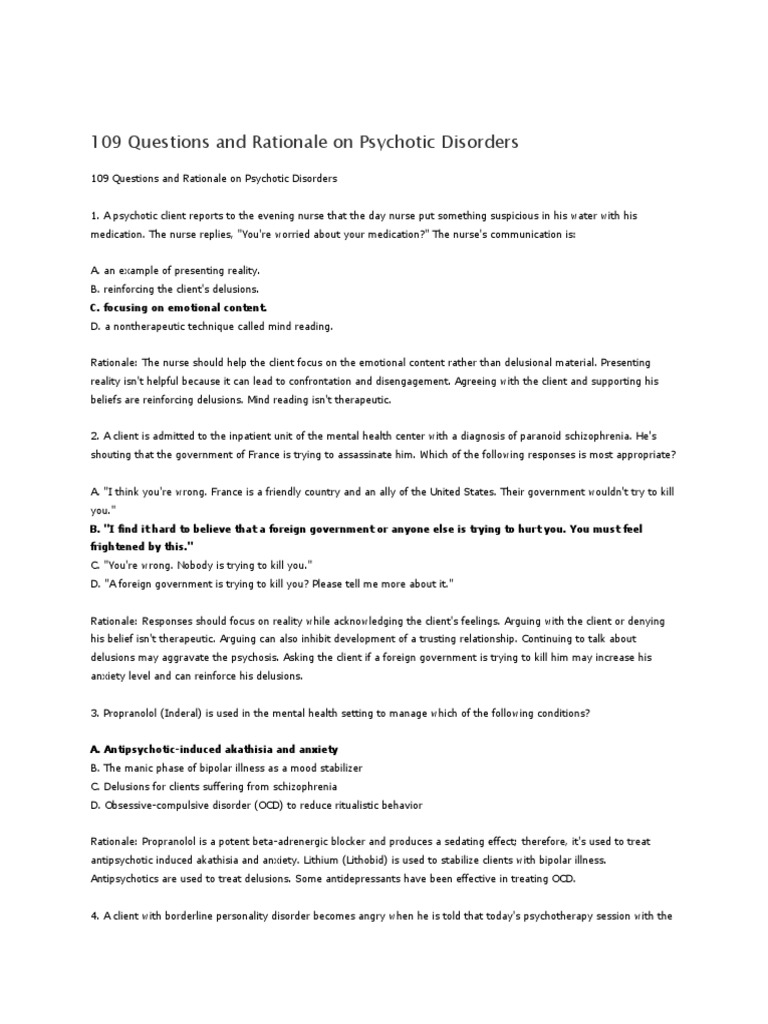 109 Questions and Rationale On Psychotic Disorders III | PDF ...